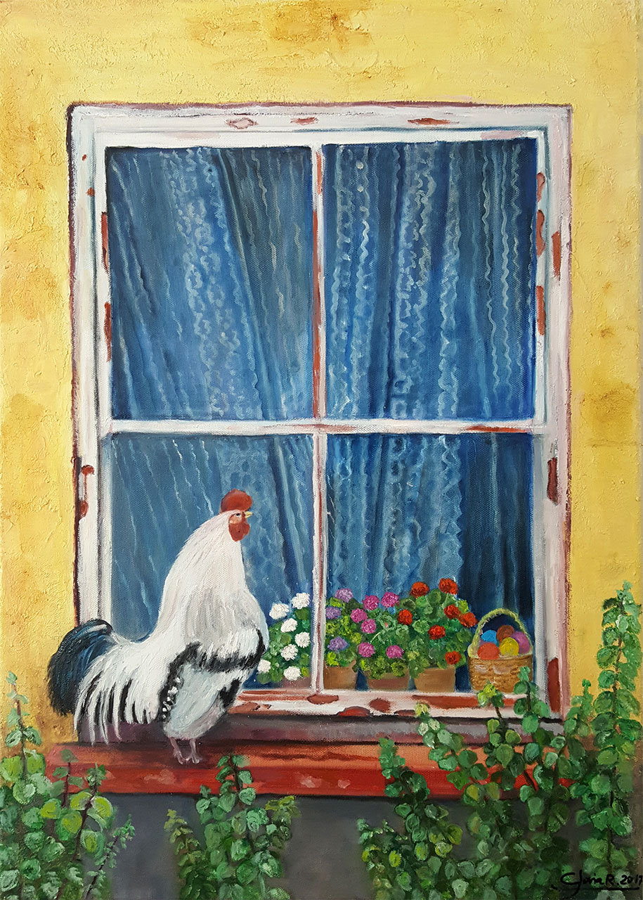 Gallina en ventana – Gloria Rodriguez Arte